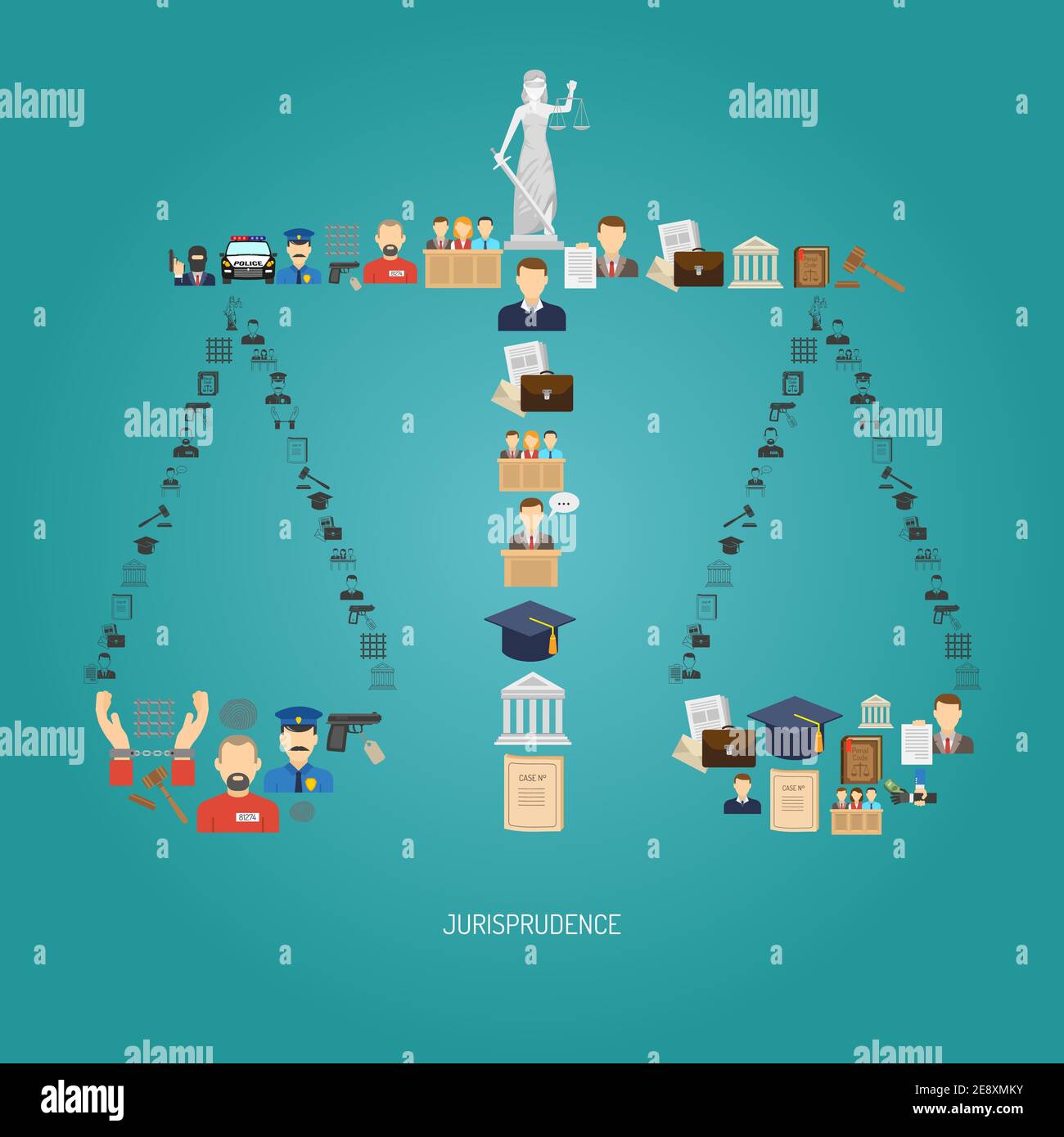 Justice concept with law icons in scales shape flat vector illustration ...