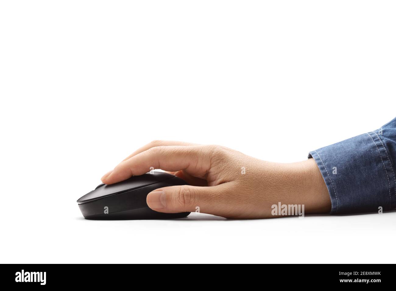 Male hand holding a computer mouse on white desk isolated on white ...