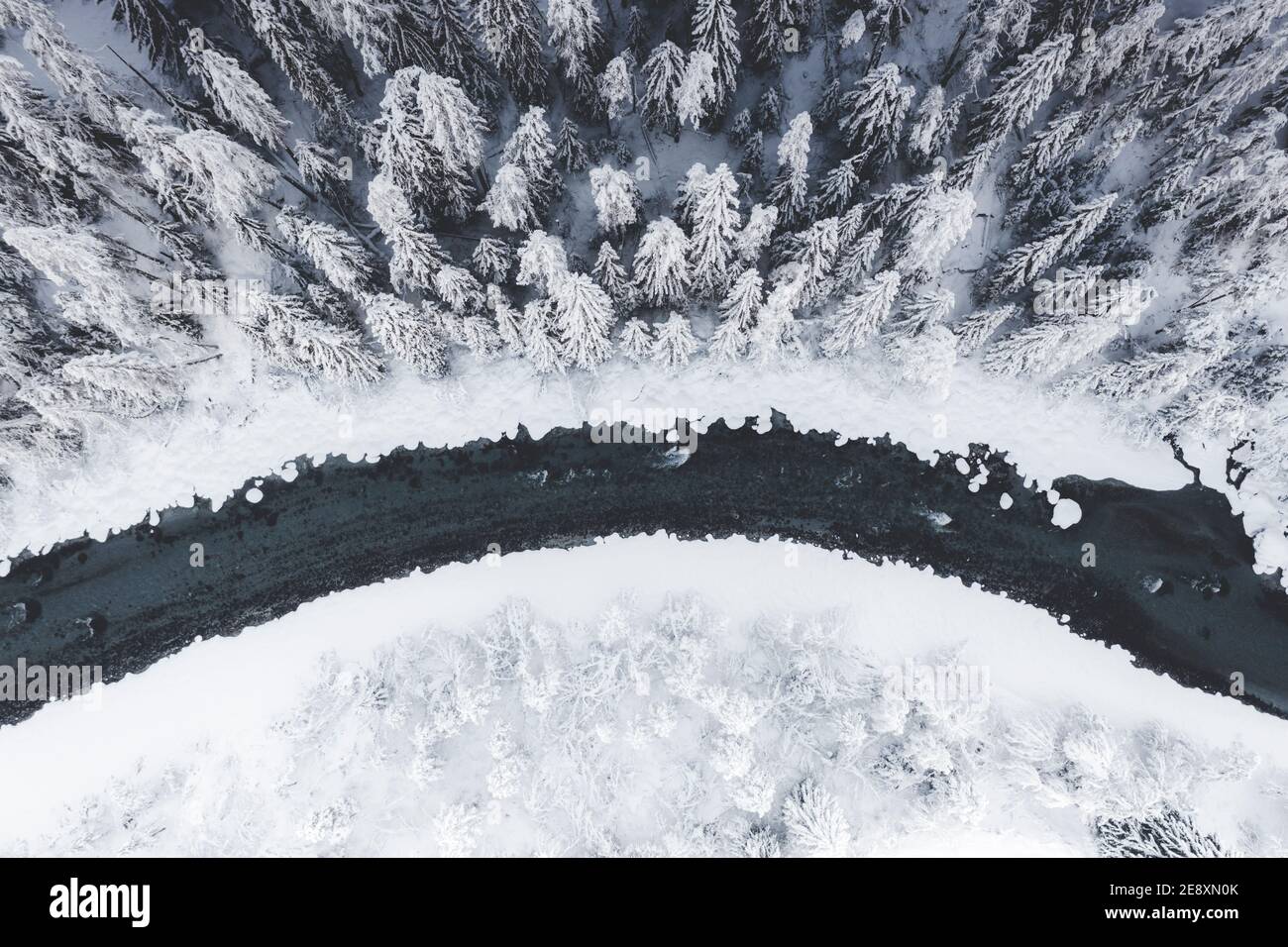 Overhead view of frozen river crossing a winter forest covered with ...