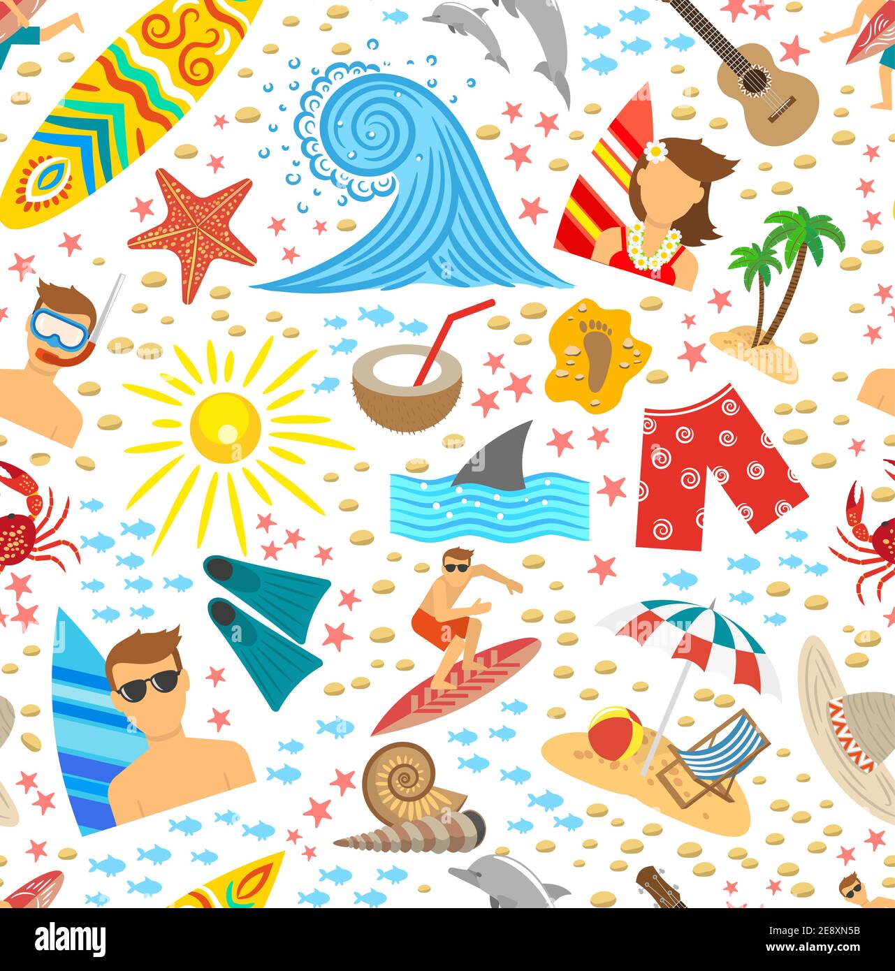 Surfing vacation and tropical beach symbols seamless pattern vector ...
