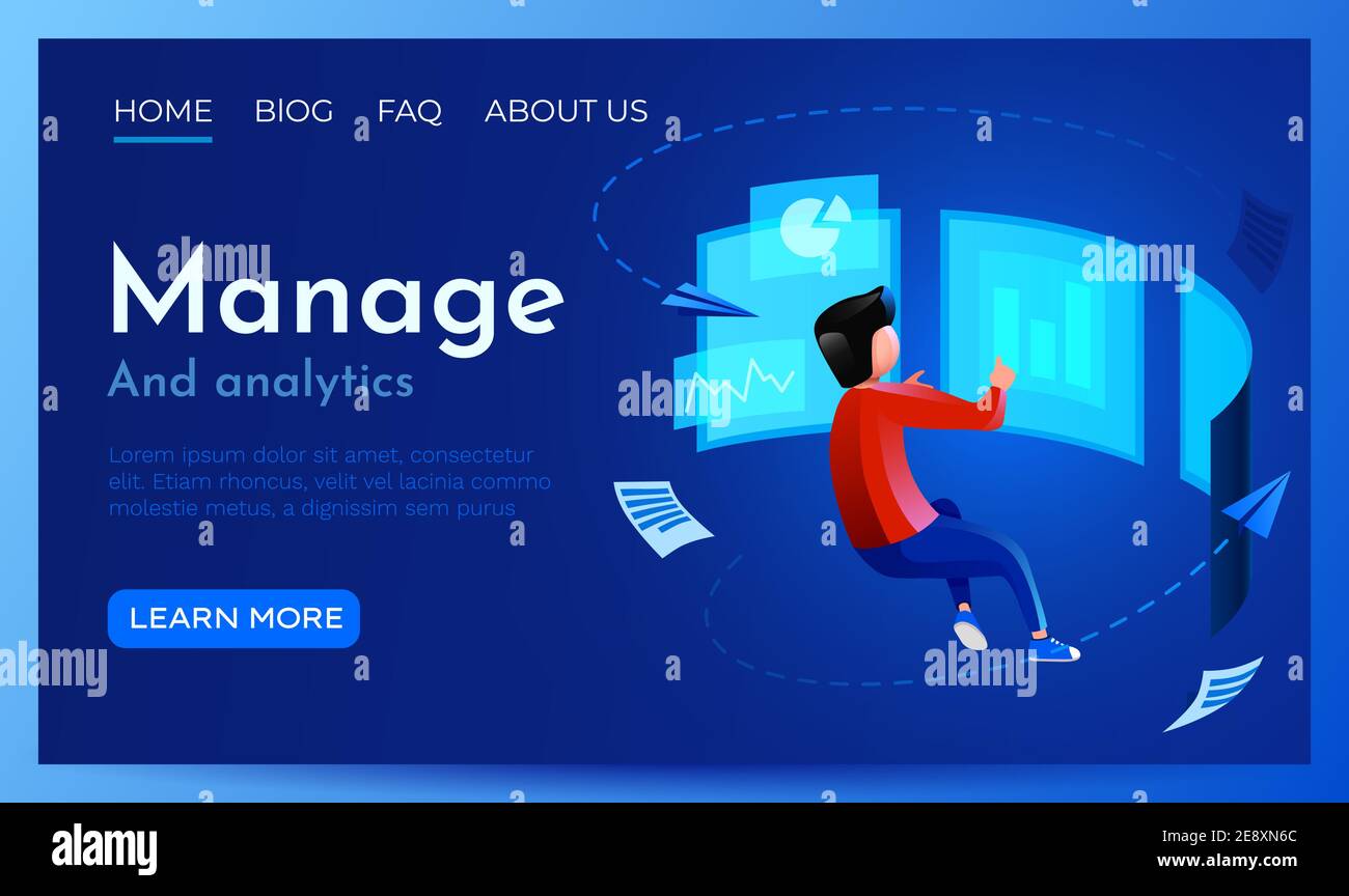 People fly around virtual monitor. Analyzing digital data, virtual ...