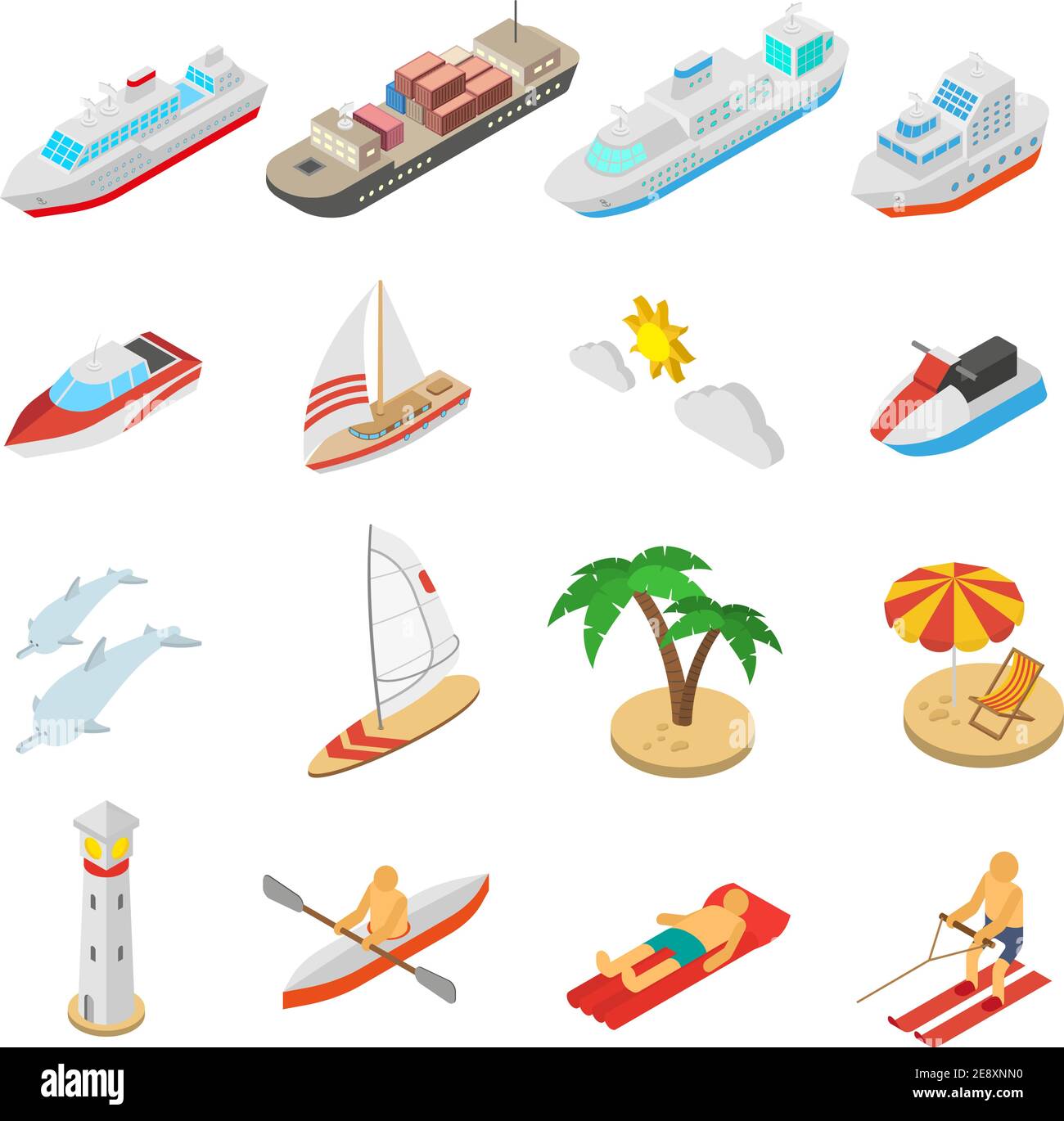 Ships yachts boats and beach vacation isometric icons set isolated ...