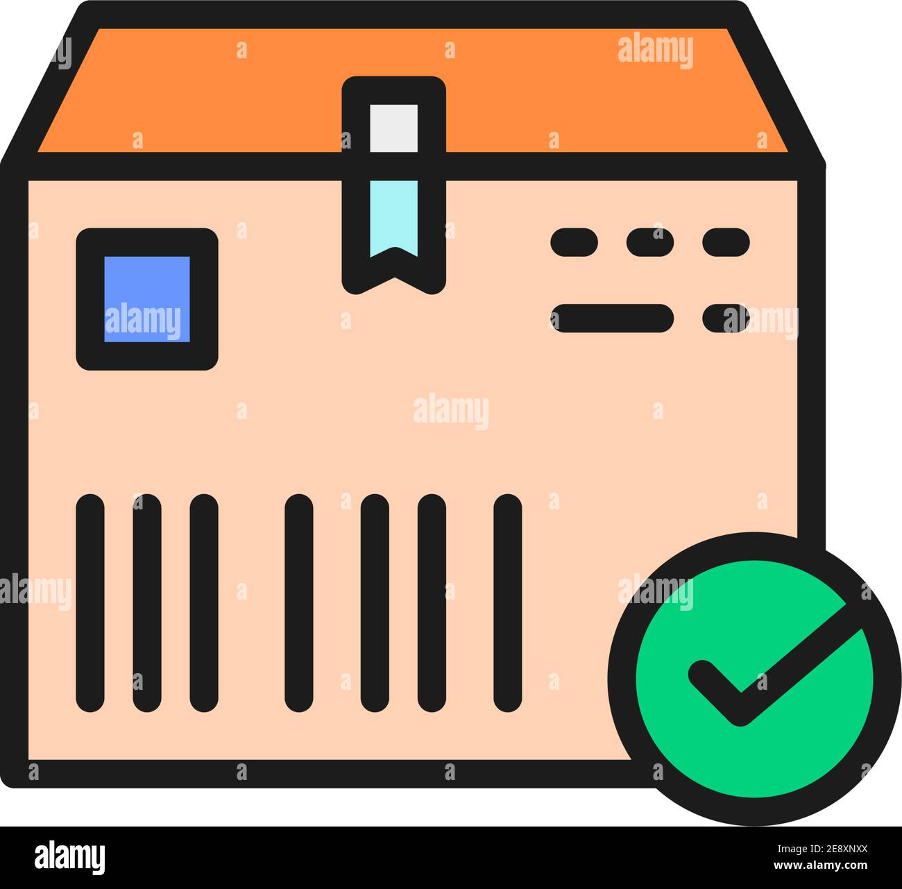 Cardboard box with check mark, cargo delivered, verified color line ...