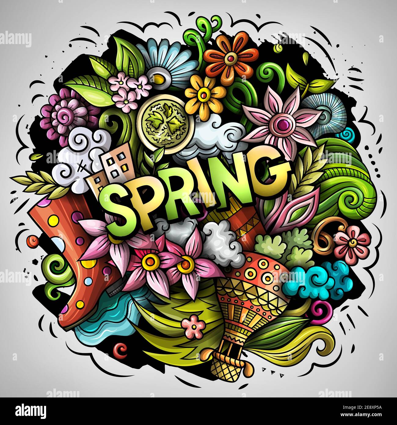 Spring hand drawn cartoon doodles illustration. Funny seasonal design ...