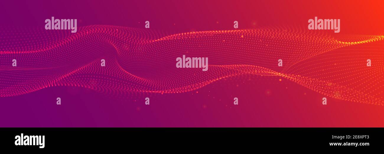 Red wide abstract wavy particle background. Flowing particles with ...