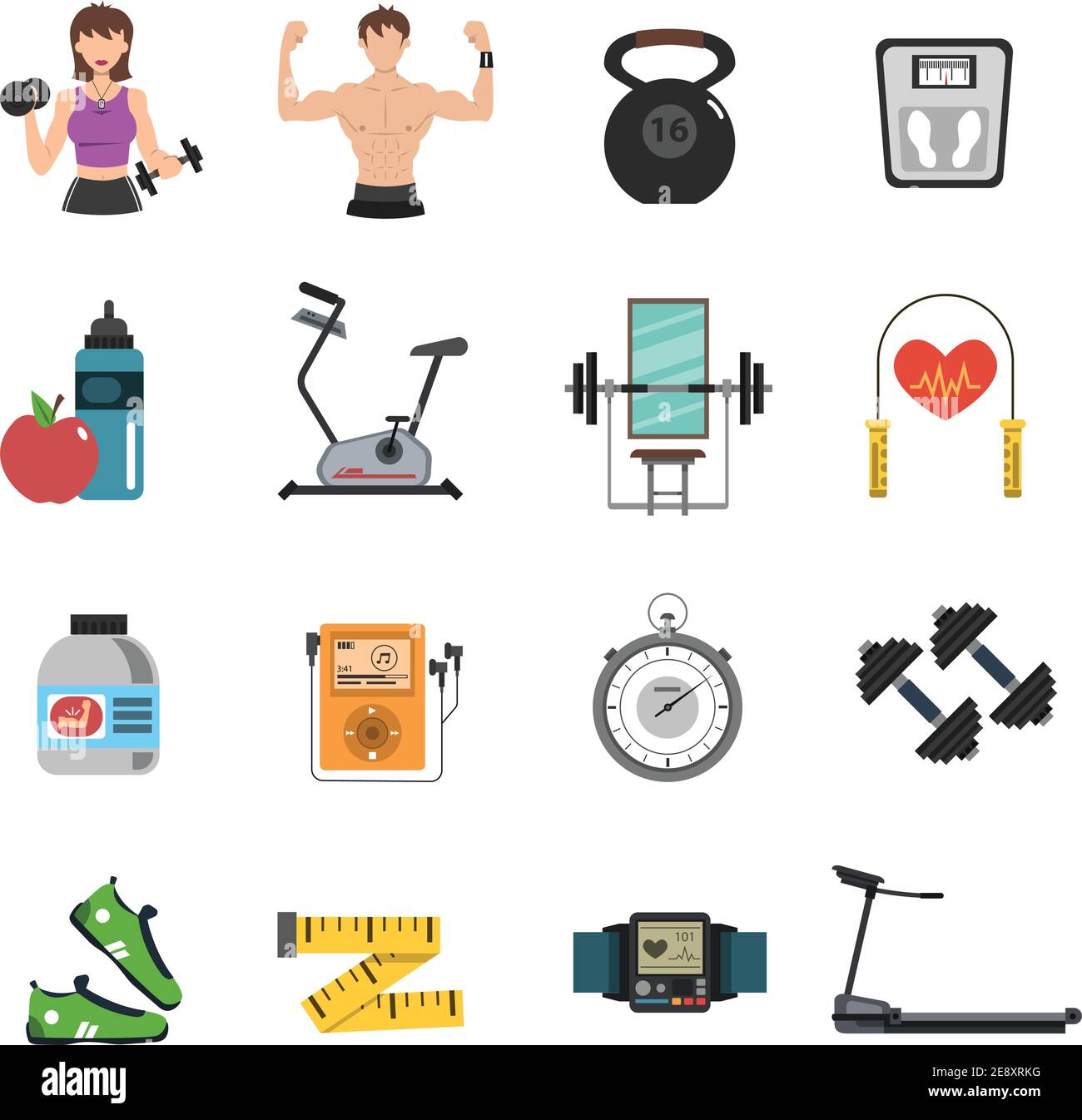 Gym tools and fitness nutrition icon flat set isolated vector ...