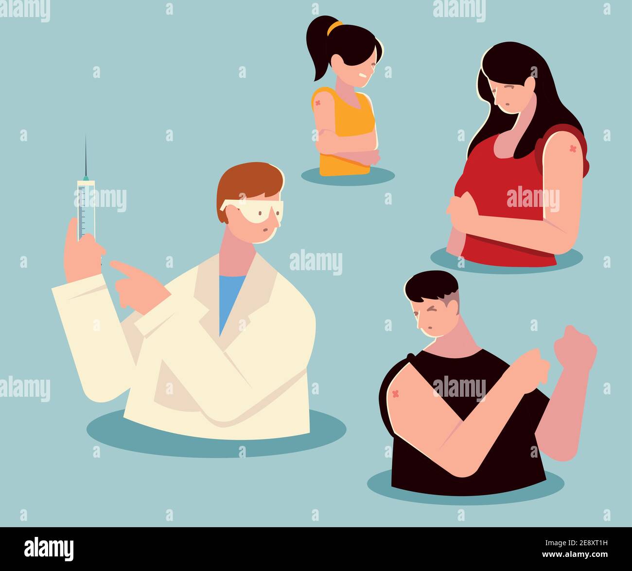 doctor holds syringe and people with arm pain after getting the vaccine ...