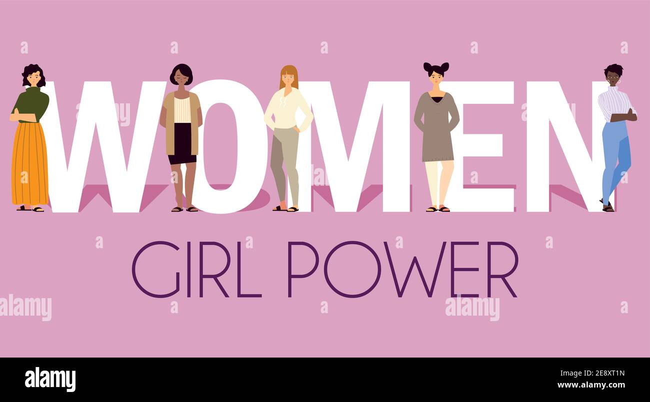 women girl power, female characters with lettering vector illustration ...