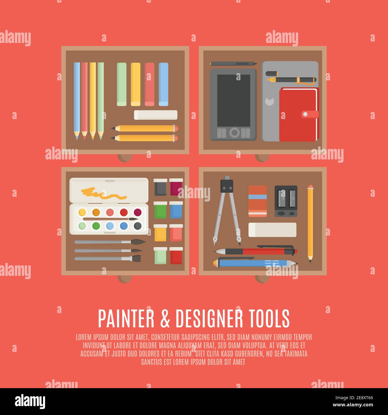 Painter and designer digital and manual tools in drawers flat color ...