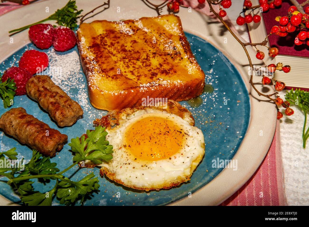 Classic American breakfast French toast with maple syrup served with ...