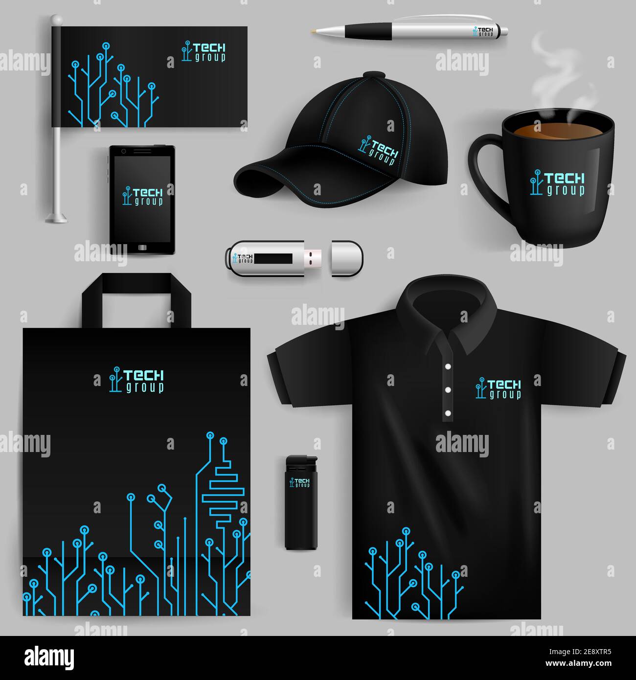 Corporate identity objects set with smartphone lighter cup with ...