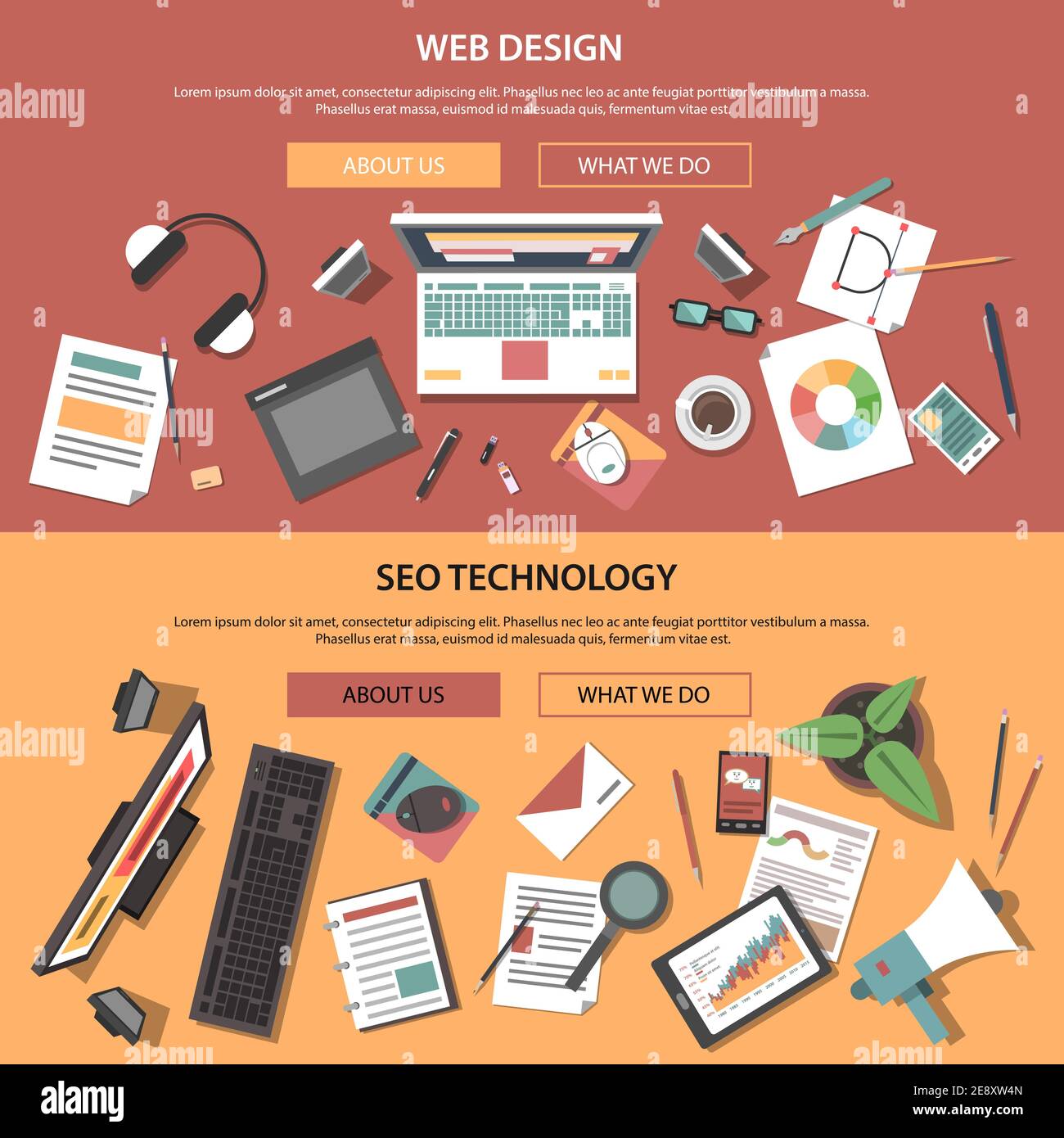 Web horizontal banners set with seo technology flat elements isolated ...