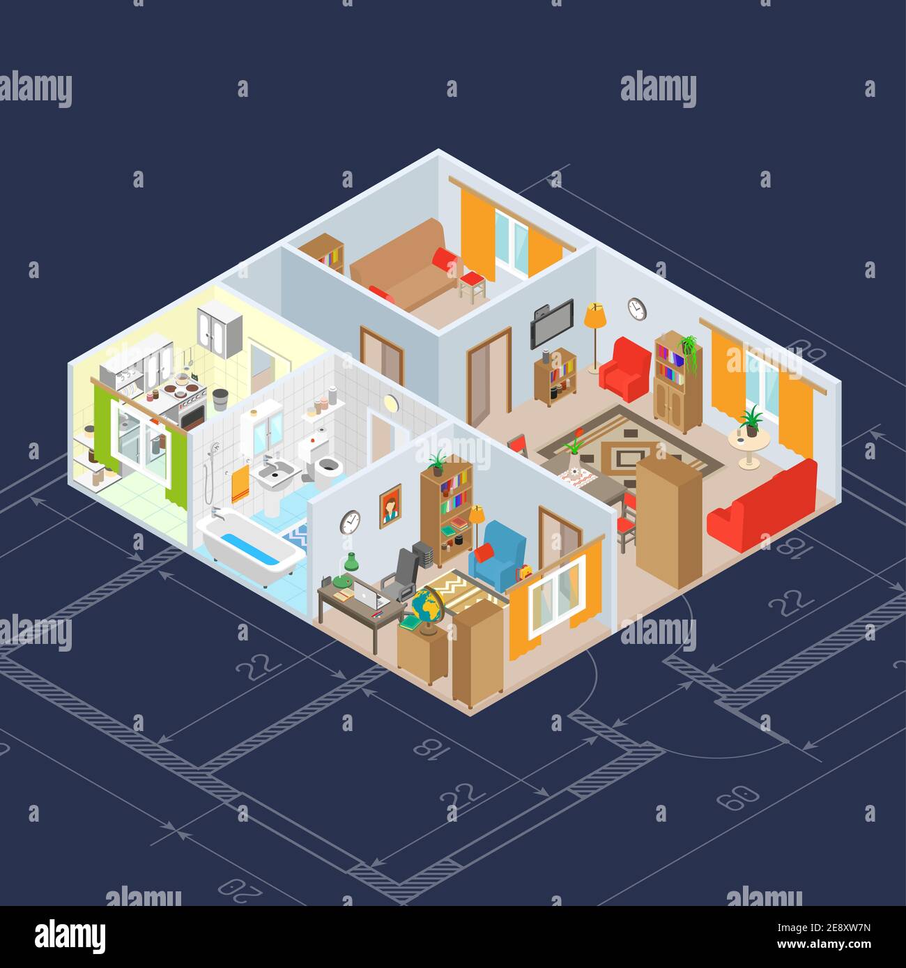 Isometric room interior concept with 3d kitchen and bathroom furniture ...