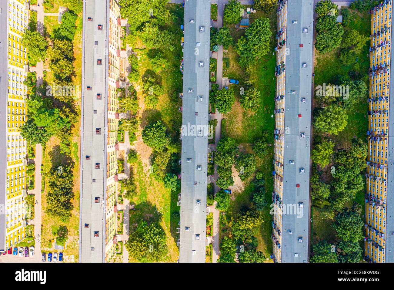 Drone view of long residential building , aerial view summer time Stock ...