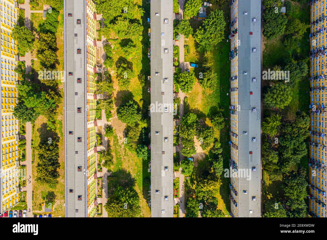 Drone view of long residential building , aerial view summer time Stock ...