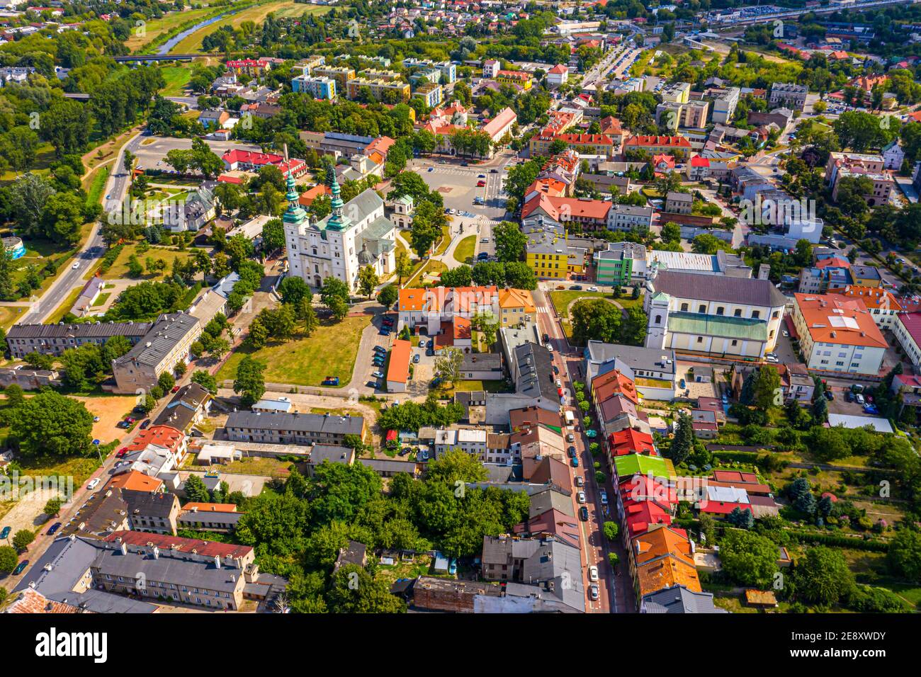 Top aerial panoramic view of Lowicz old town historical city centre ...
