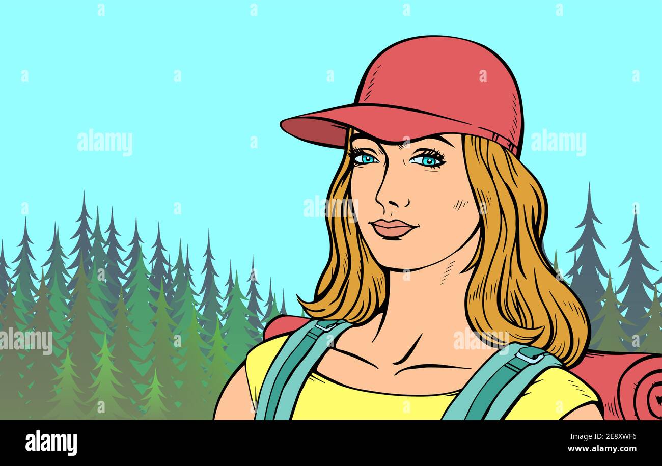 Hiking girl with a backpack on the background of coniferous forest. The ...