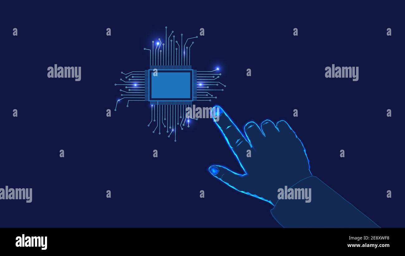 Data mining concept. Chip and hand. Dark blue background Stock Photo ...