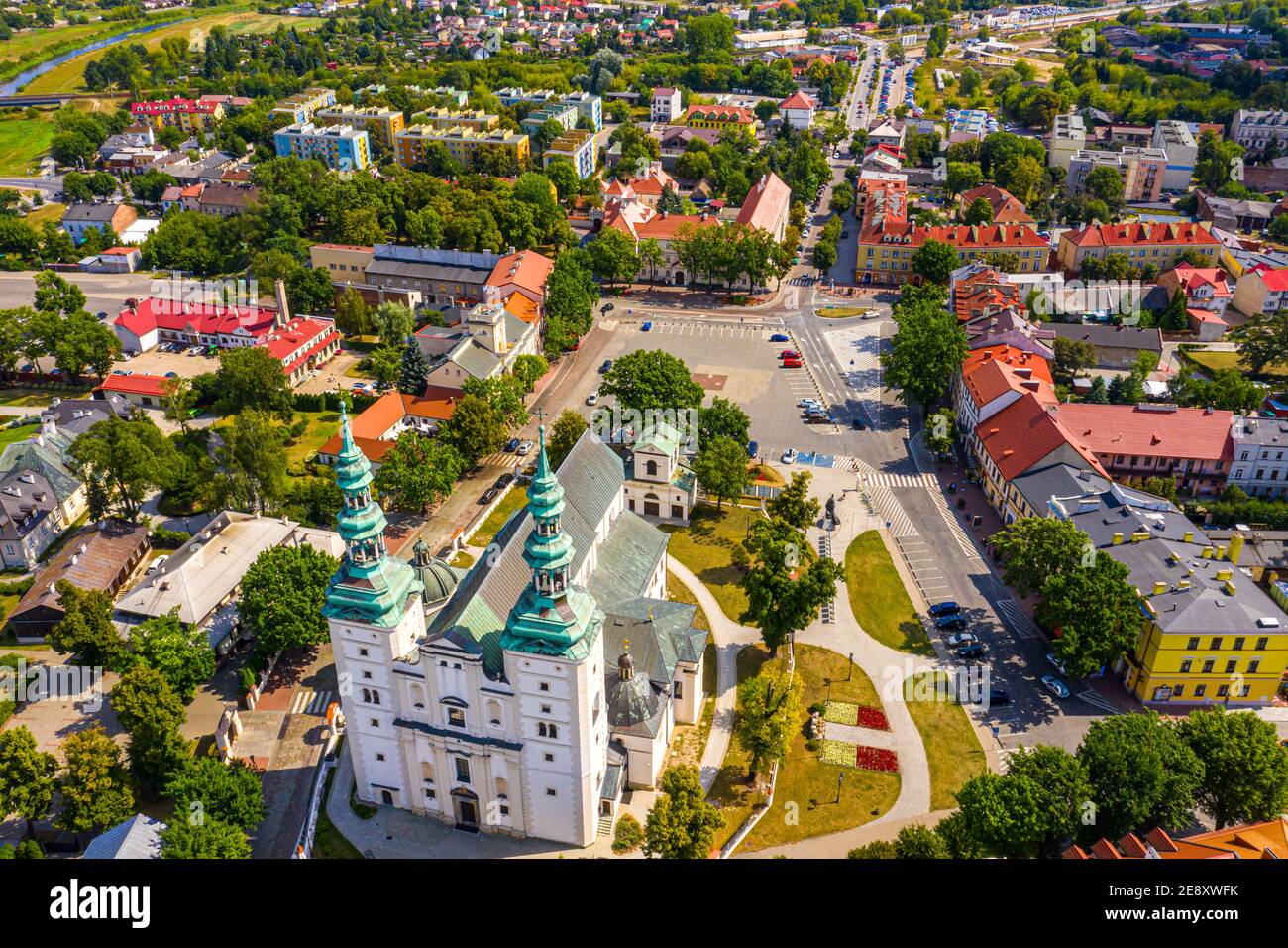 Top aerial panoramic view of Lowicz old town historical city centre ...