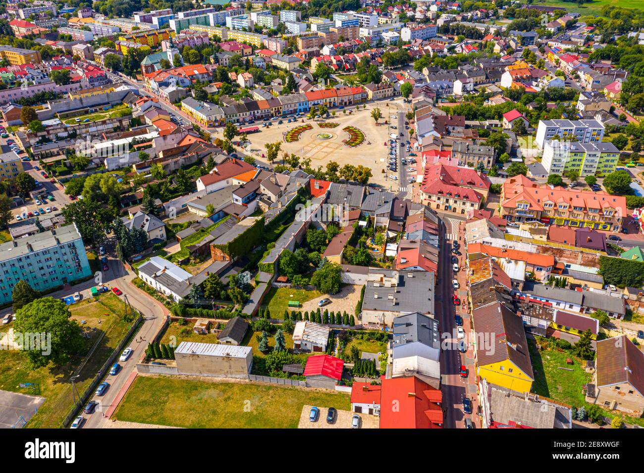 Top aerial panoramic view of Lowicz old town historical city centre ...