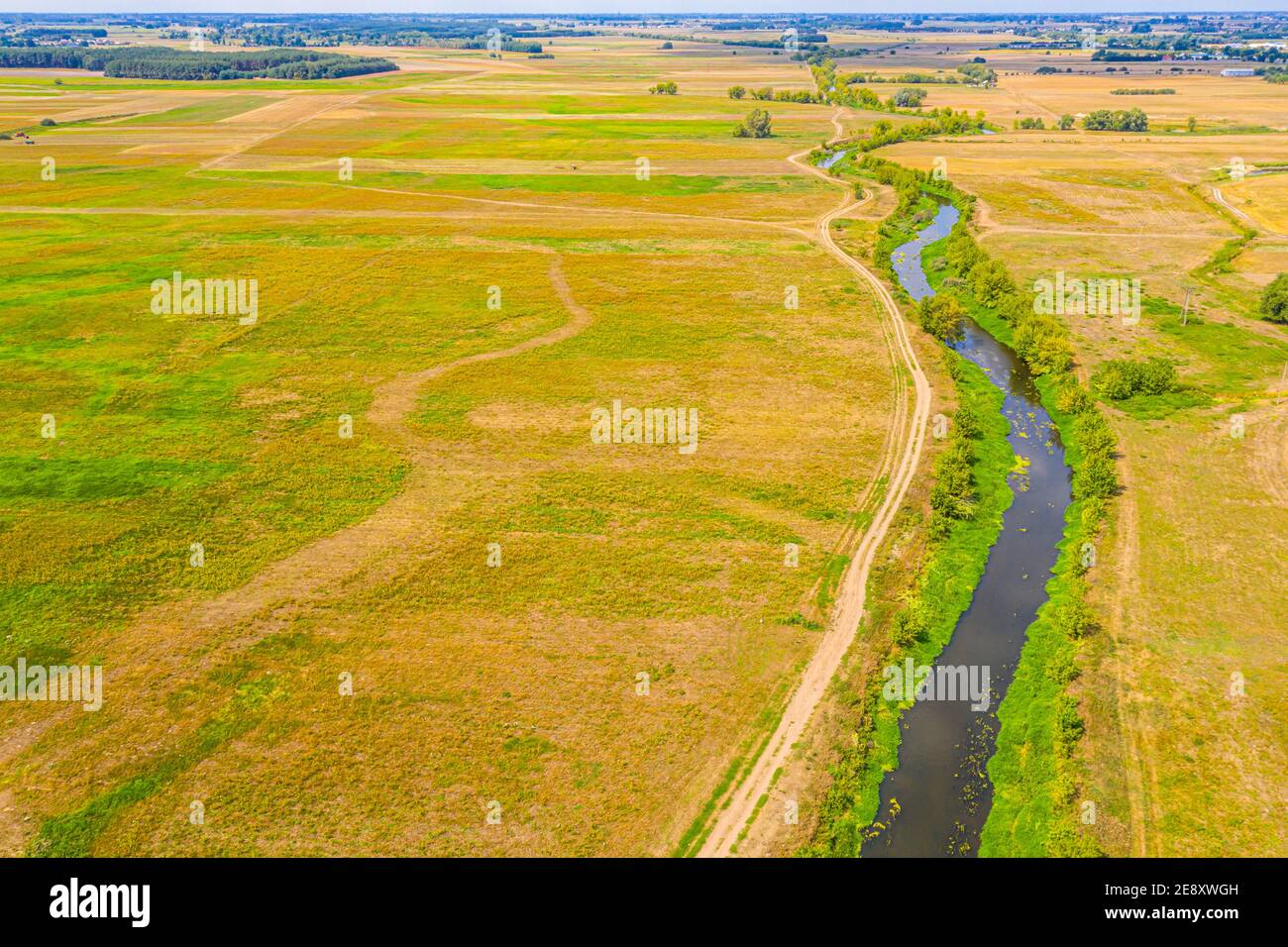 aerial drone shoot. Flying over a beautiful green forest in a rural ...