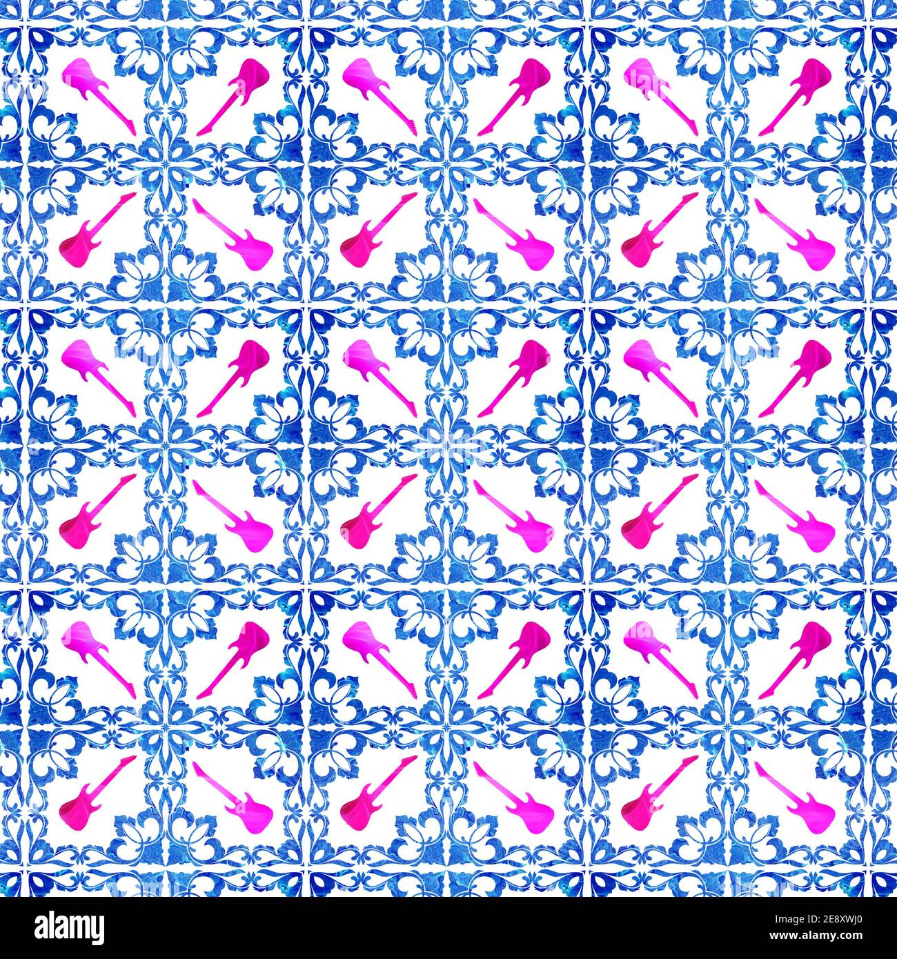 Illustration of pink electric guitars and blue elements on a white ...