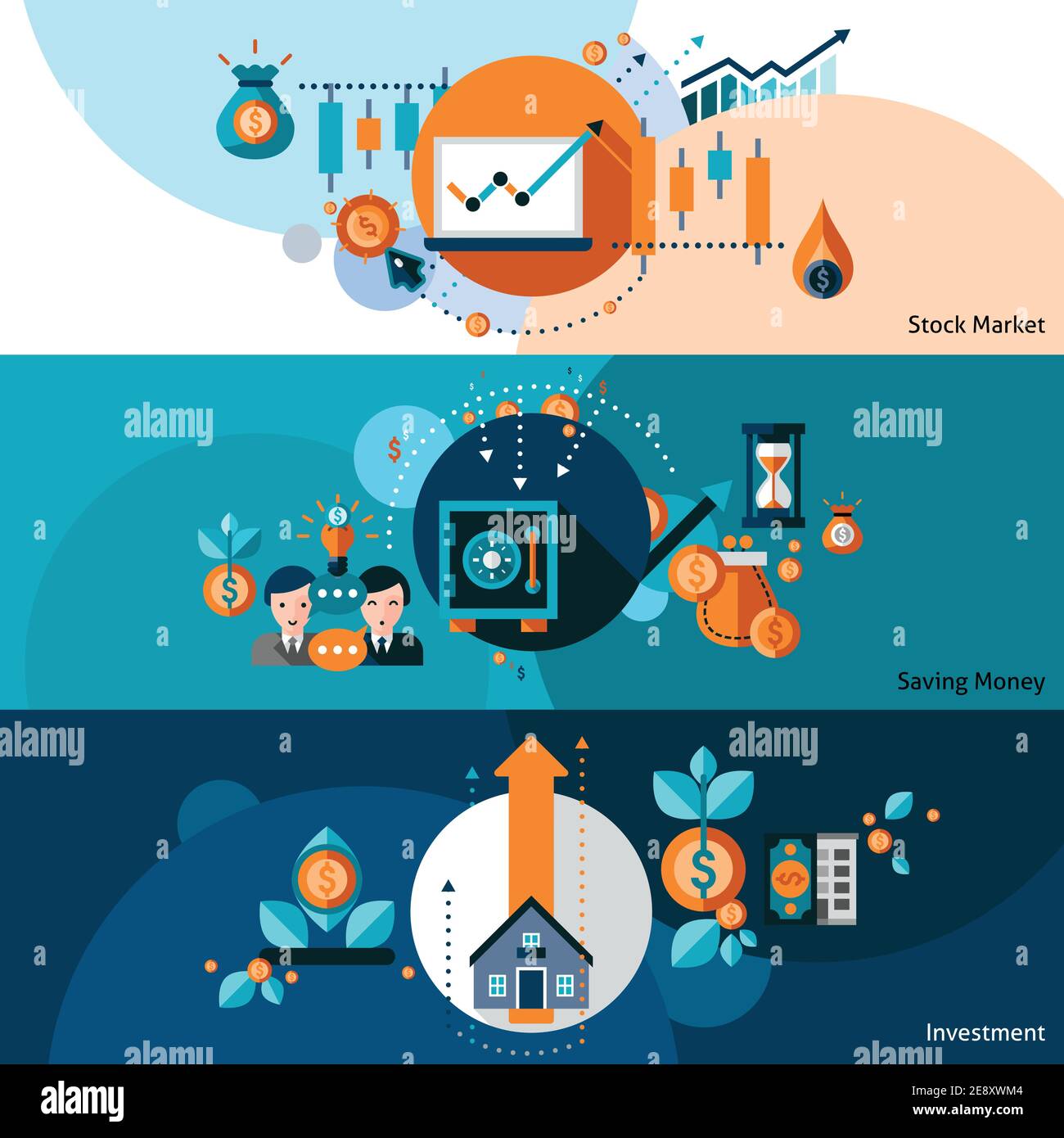 Investment horizontal banner set with stock market and money saving ...