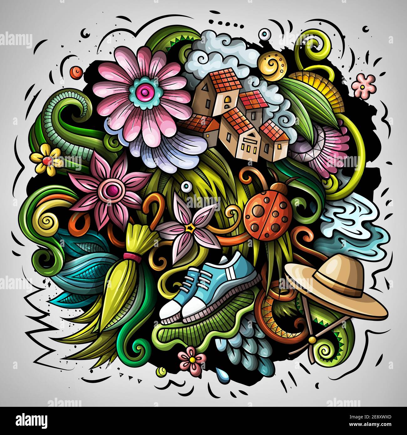 Spring hand drawn cartoon doodle illustration. Funny seasonal design ...