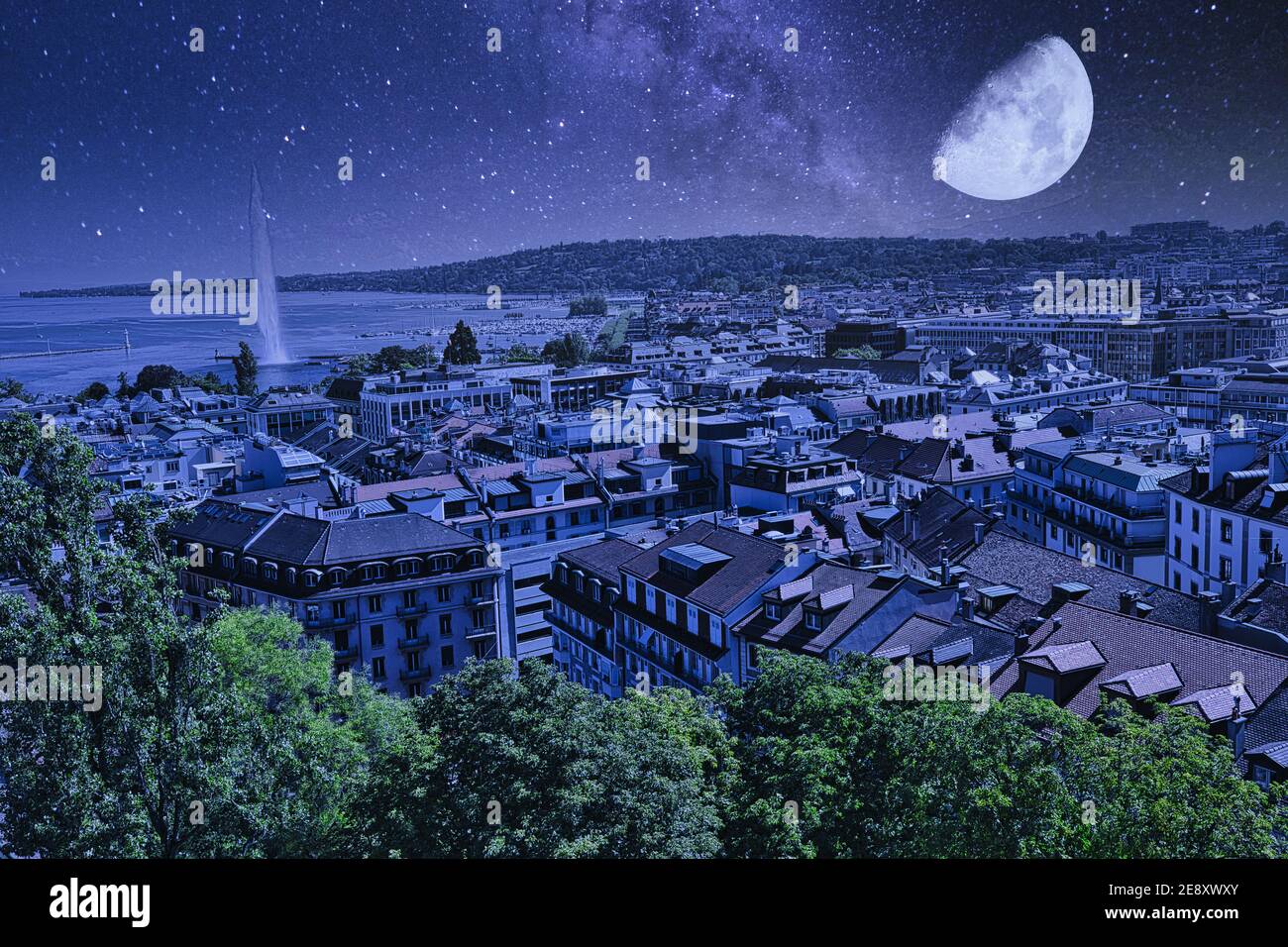 Starry sky with full moon at night over Geneva skyline cityscape ...