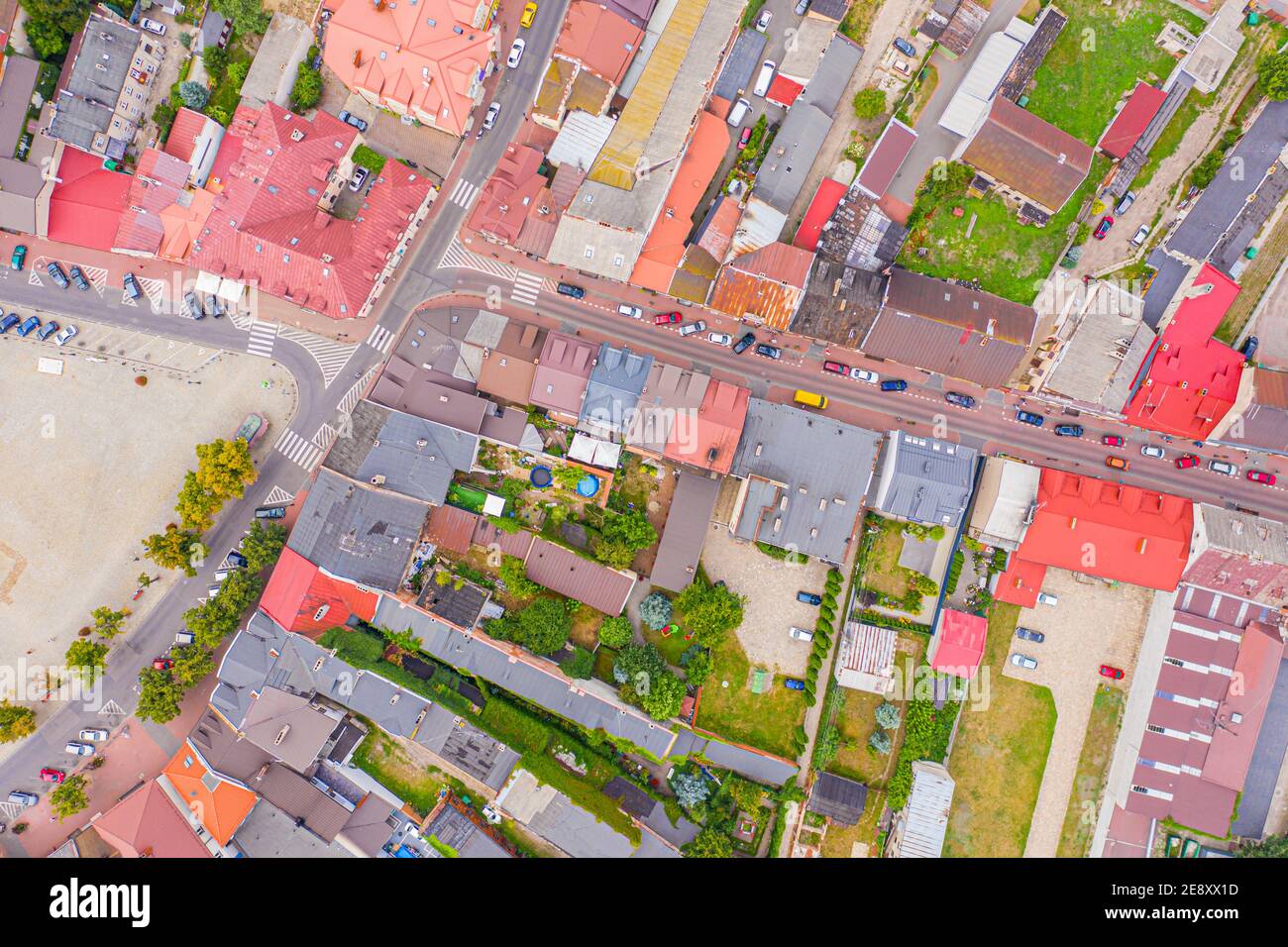 Top aerial panoramic view of Lowicz old town historical city centre ...