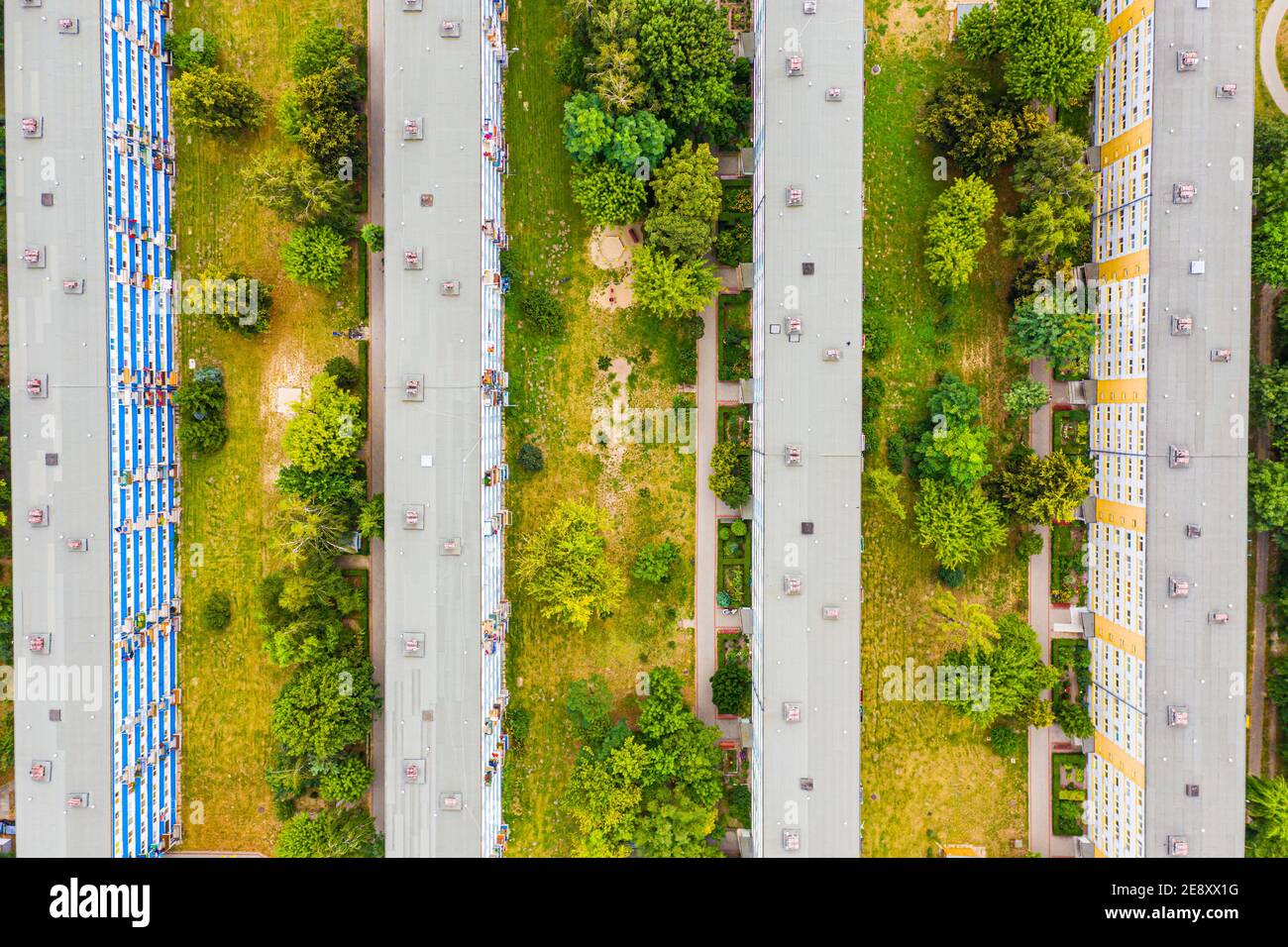 Drone view of long residential building , aerial view summer time Stock ...