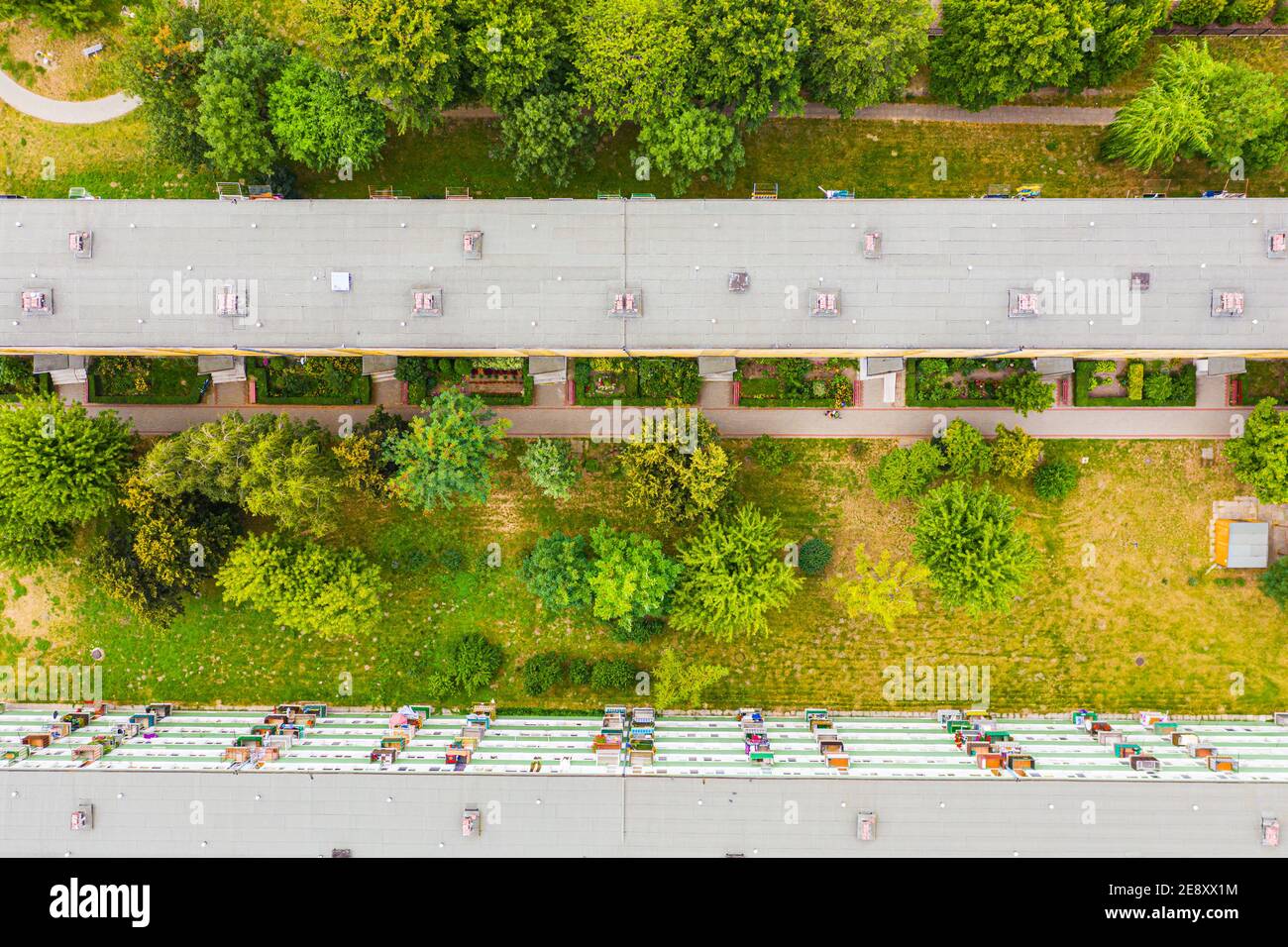 Drone view of long residential building , aerial view summer time Stock ...