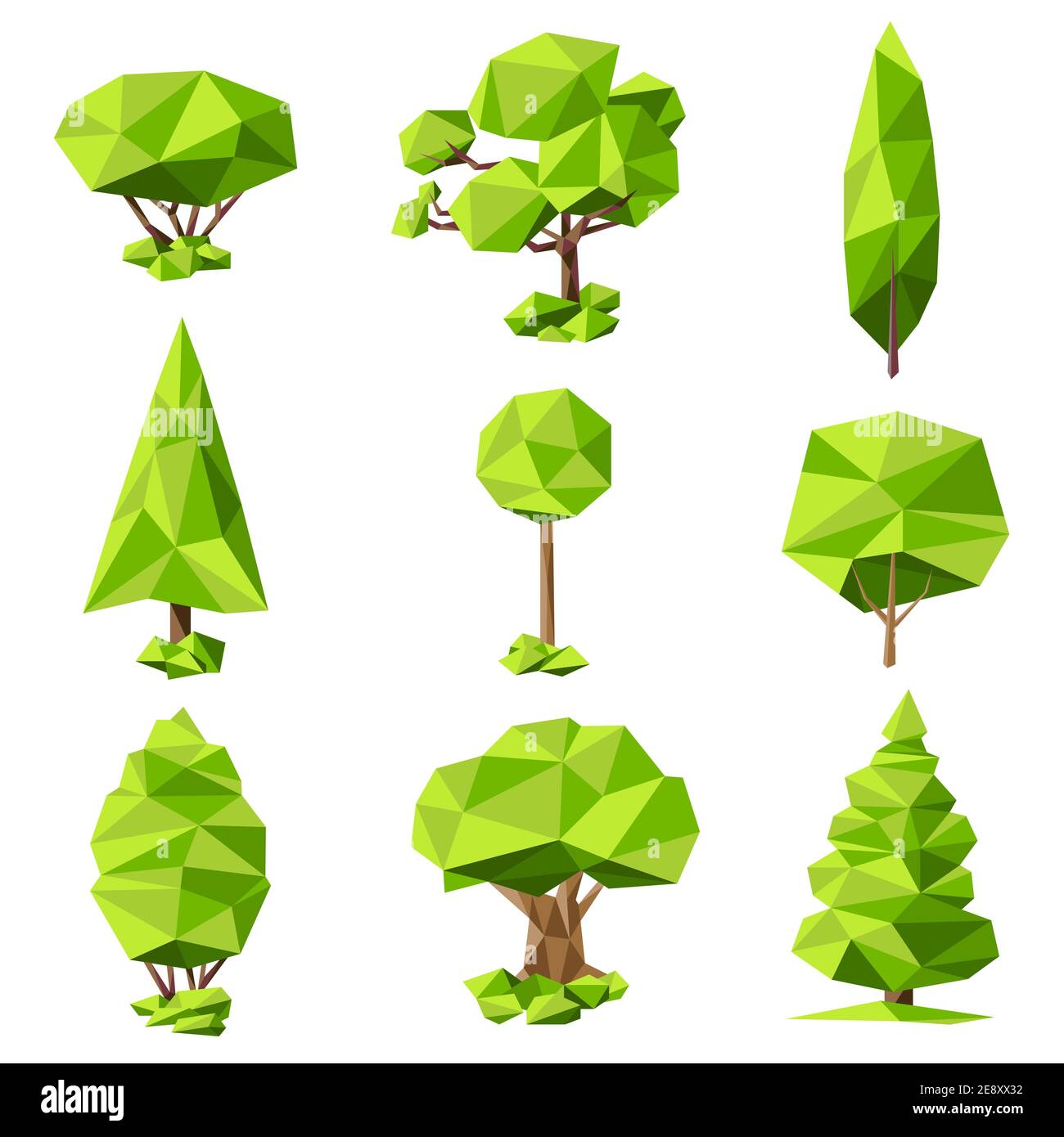 Green trees flat pictograms collection with geometrical foliage ...
