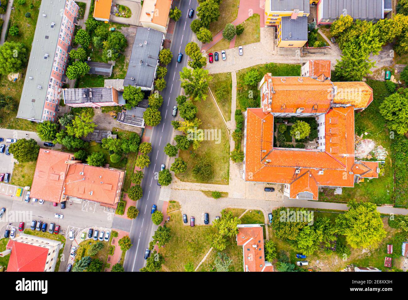 Top aerial panoramic view of Lowicz old town historical city centre ...