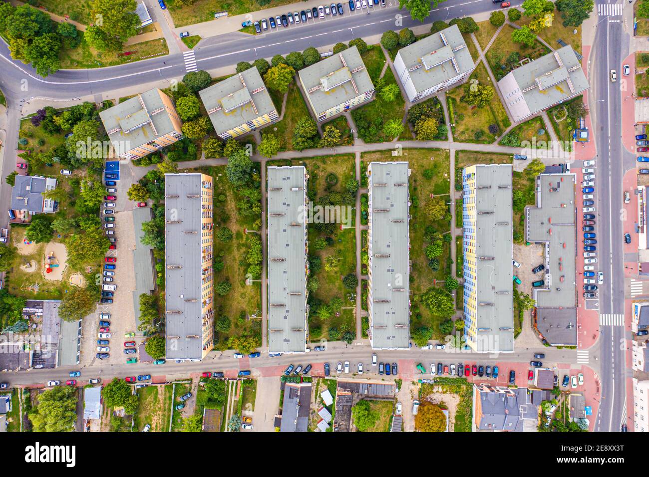 Drone view of long residential building , aerial view summer time Stock ...