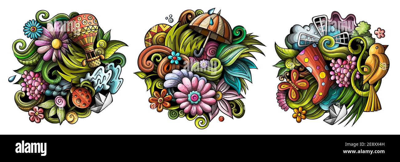 Spring cartoon vector doodle designs set Stock Vector Image & Art - Alamy