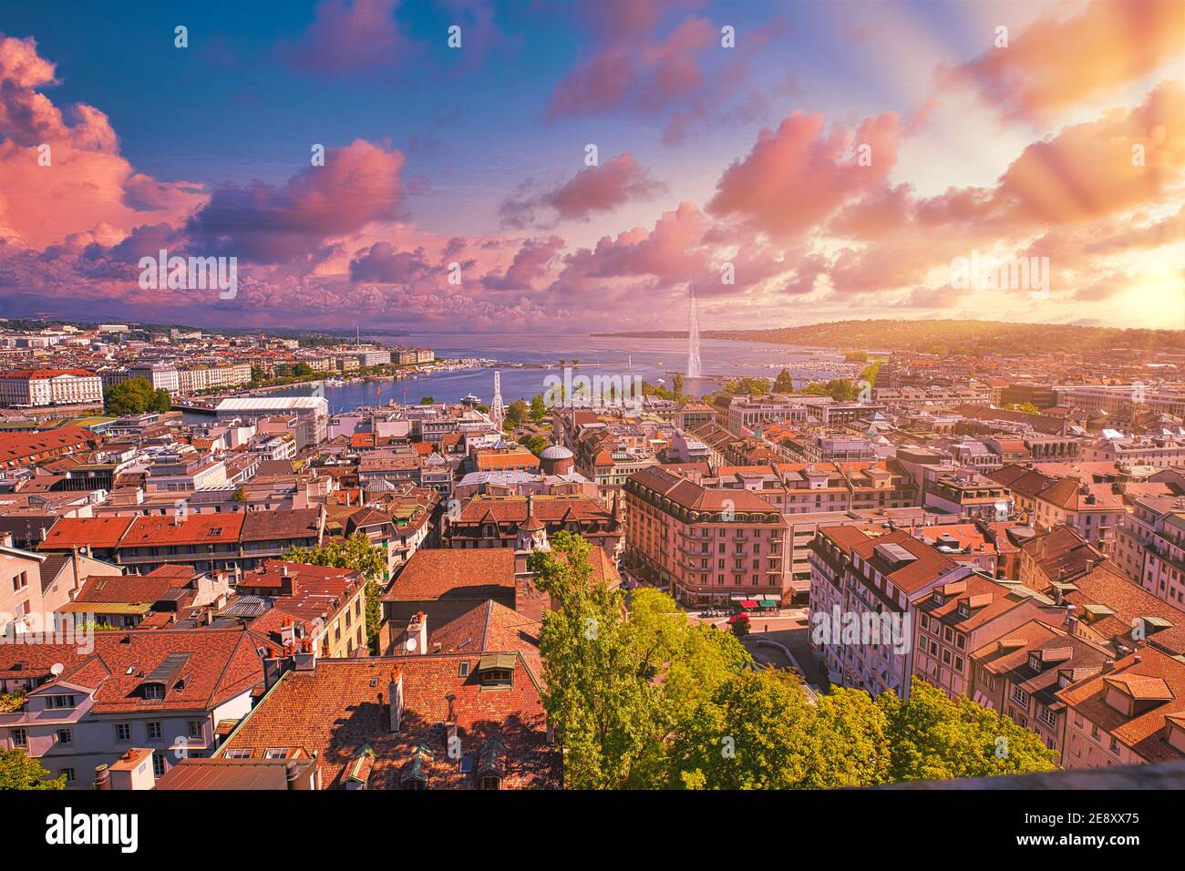Amazing dramatic sky with red clouds of sunset over Geneva skyline ...
