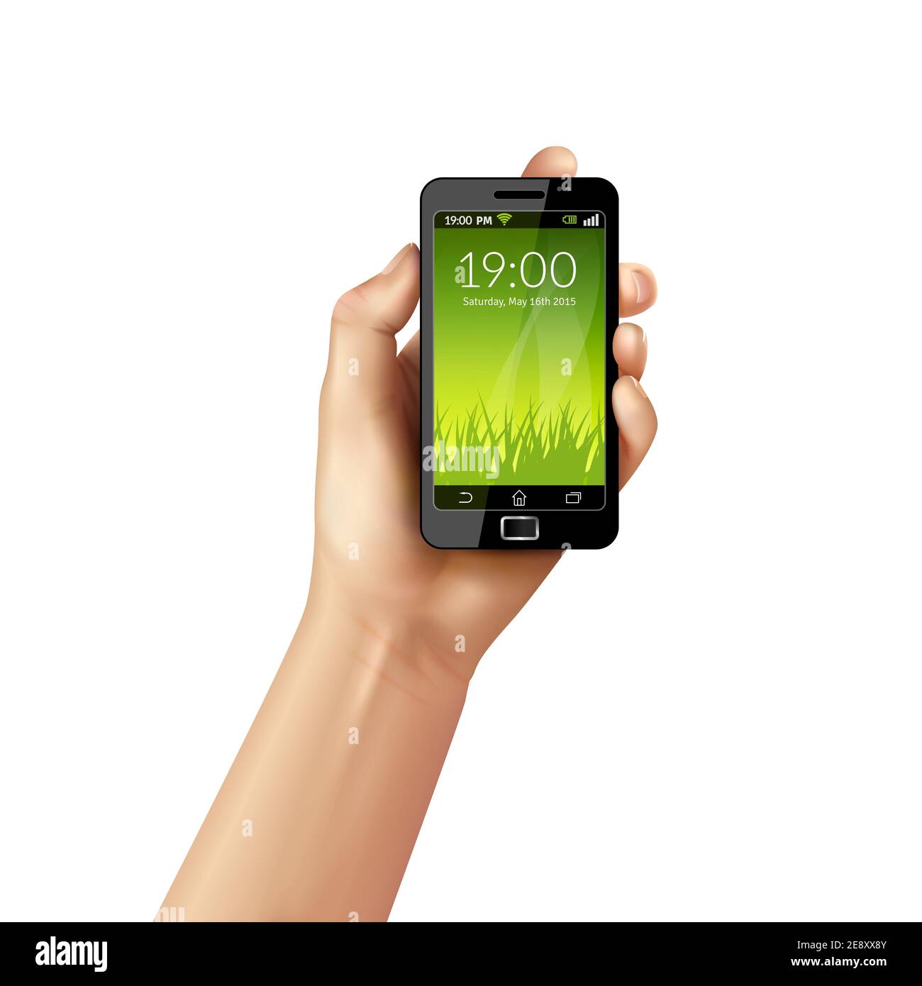 Realistic human hand holding mobile smartphone with starting interface ...