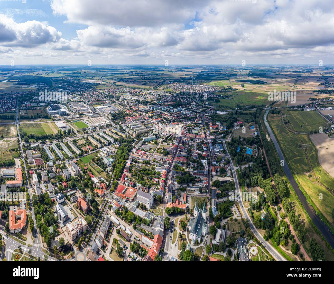 Top aerial panoramic view of Lowicz old town historical city centre ...