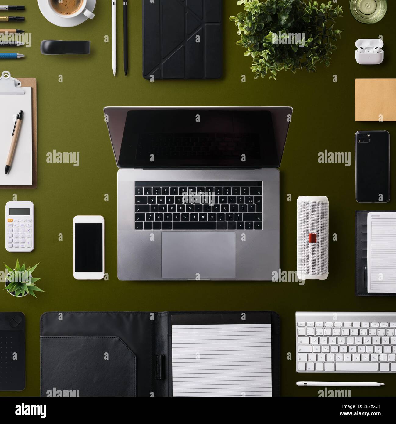 Flat lay top view office desk working space with laptop and office ...