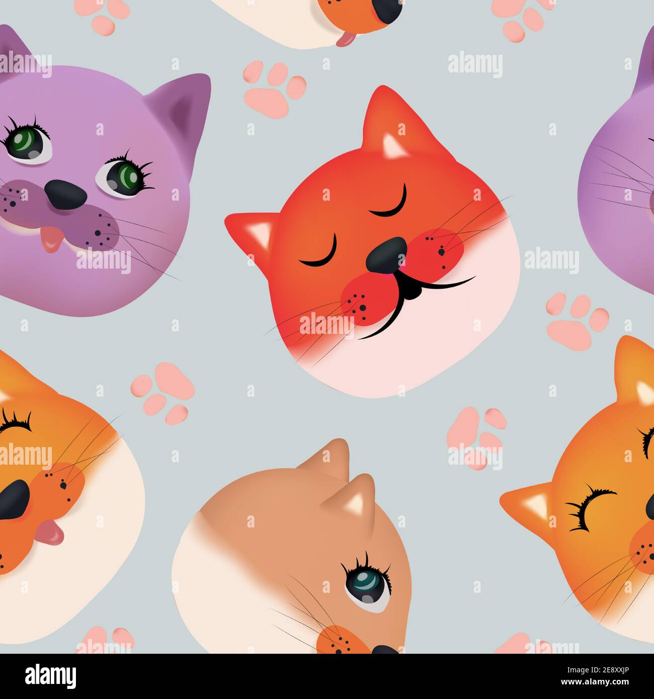 Colorful faces cat. Seamless pattern with cute cat face. 3D vector ...