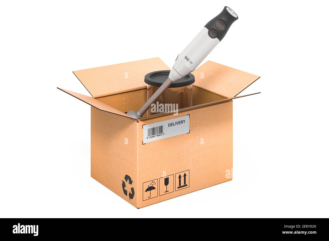 Immersion blender inside cardboard box, delivery concept. 3D rendering ...