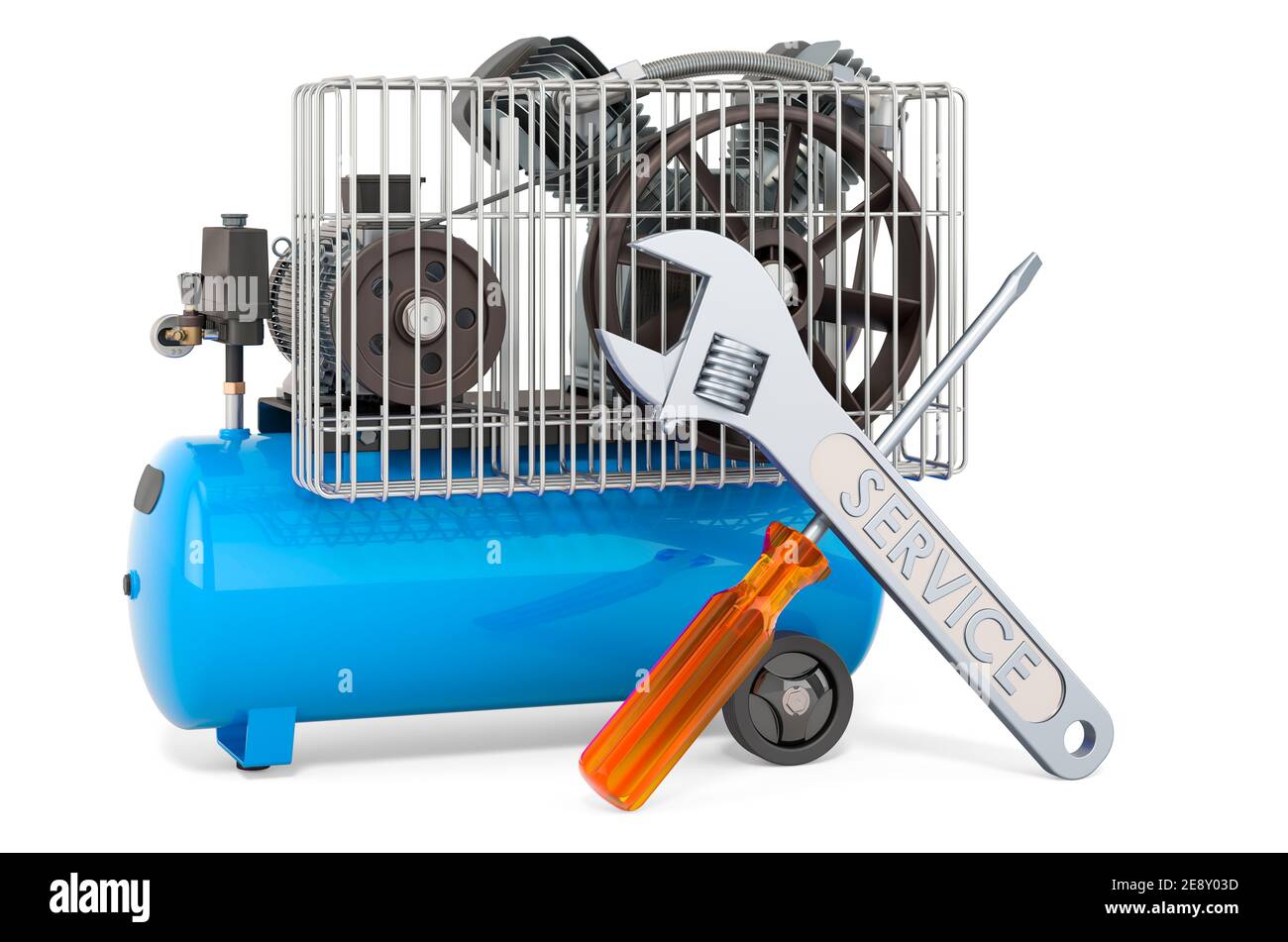 Service and repair of air compressor, 3D rendering isolated on white ...