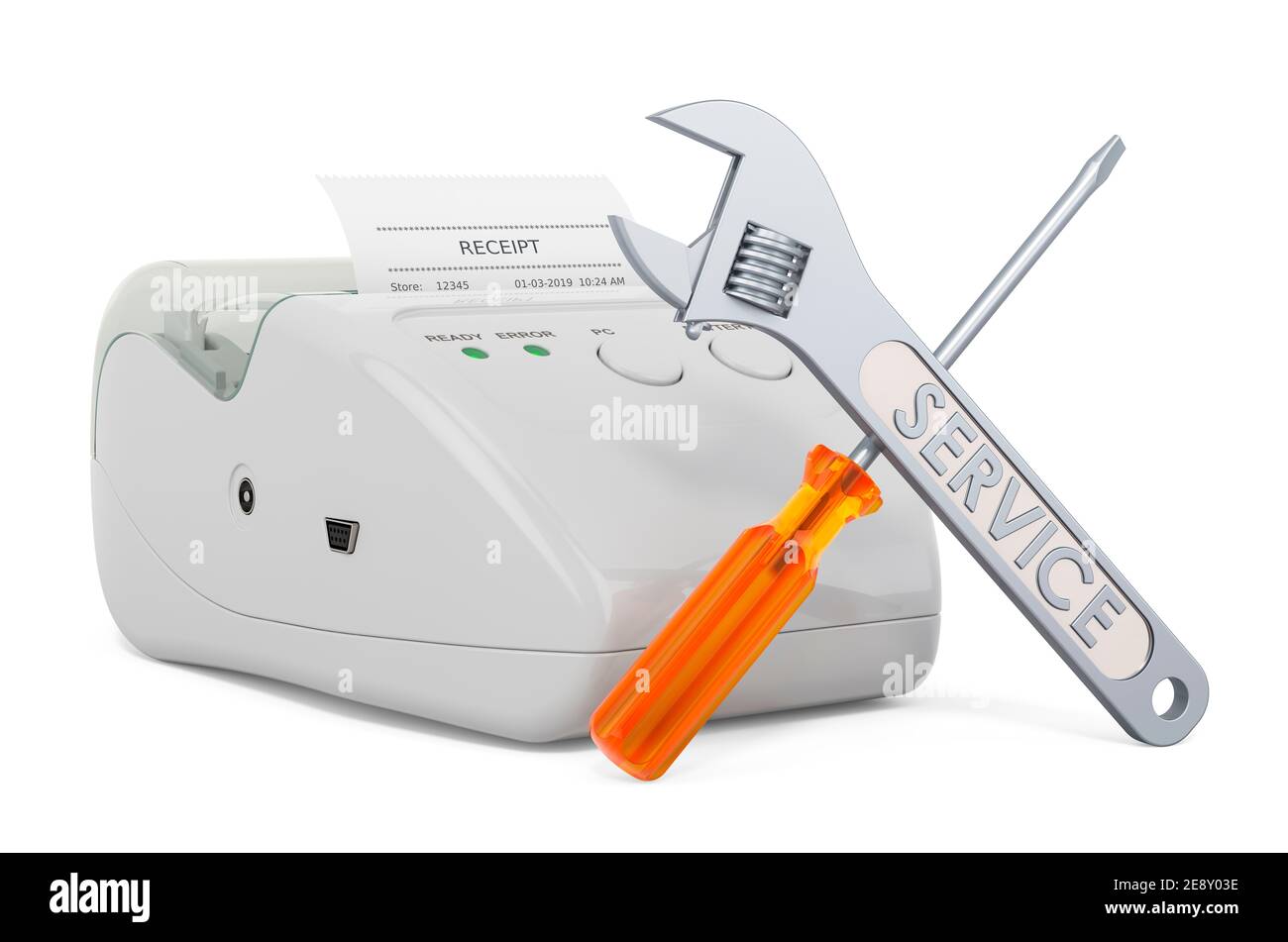 Service and repair of receipt printer, 3D rendering isolated on white ...