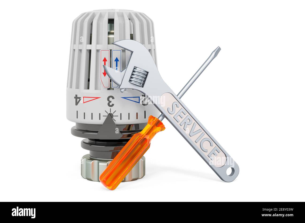 Service and repair of thermostatic radiator valve, 3D rendering ...