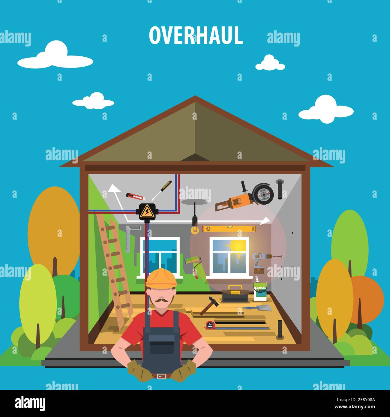 Overhaul house repair concept with flat woodwork icons set vector ...