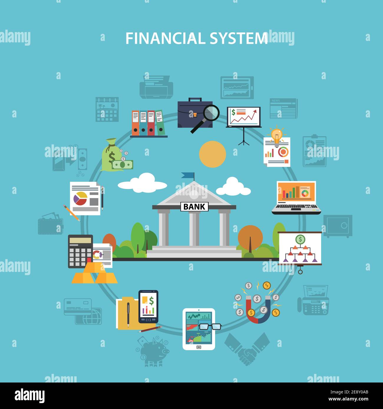 Finance system concept with bank and investment flat icons vector ...