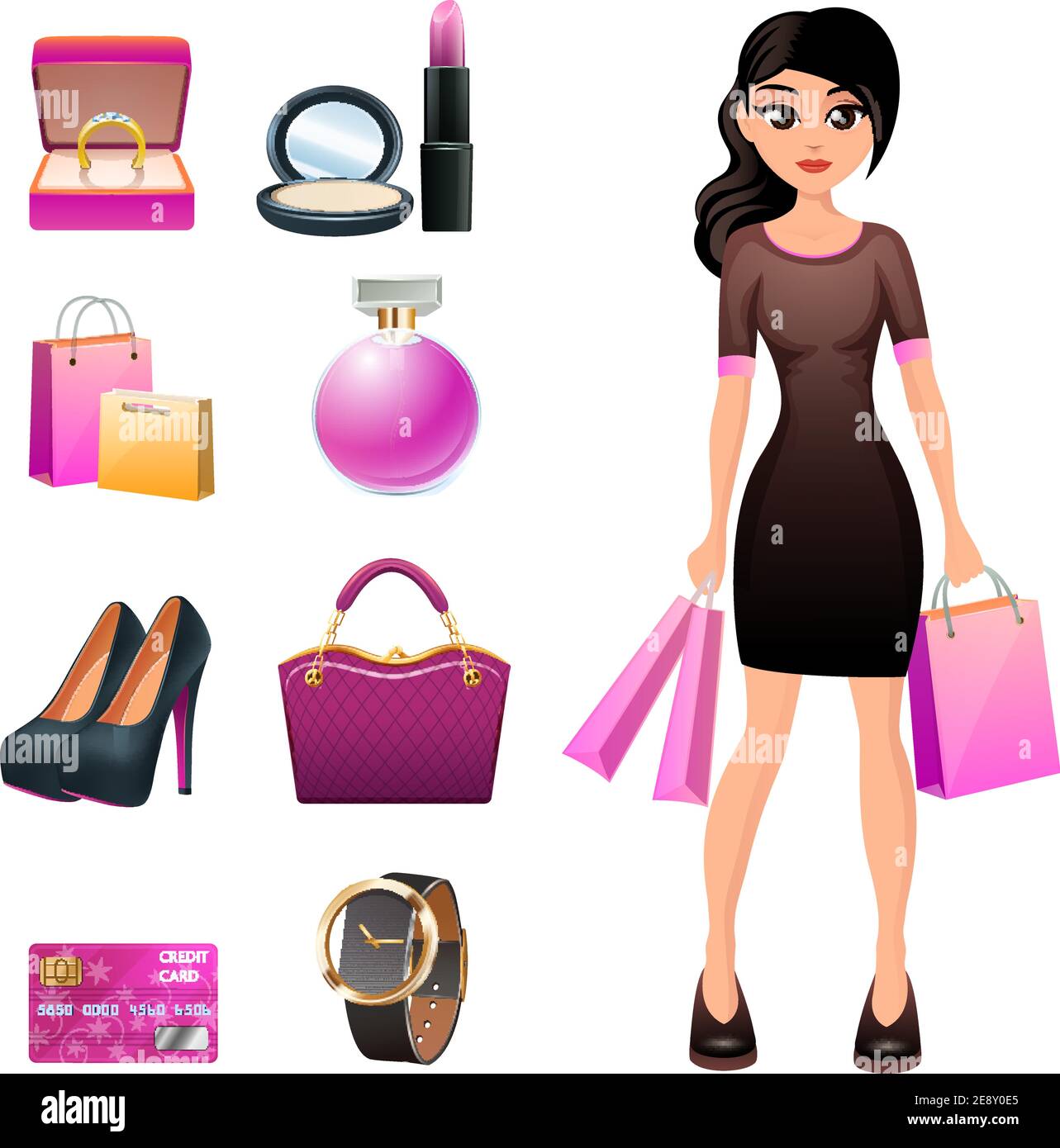 Woman shopping character with fashion accessories jewelry and cosmetics ...