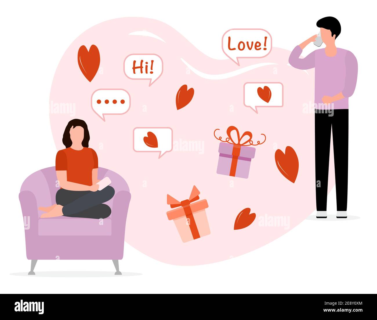 Vector illustration Man and woman talking by smart phone. People during ...