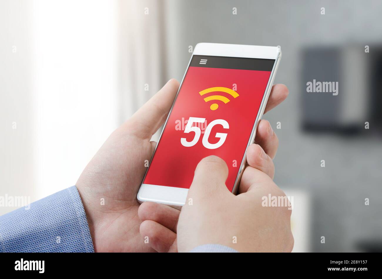5G technology, high speed communication, data transmission. Hand ...